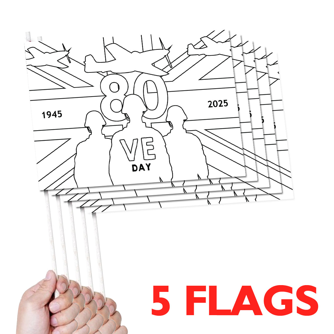 VE Day 80th Anniversary COLOUR IT YOURSELF Handwaving Flags (Pack of 5