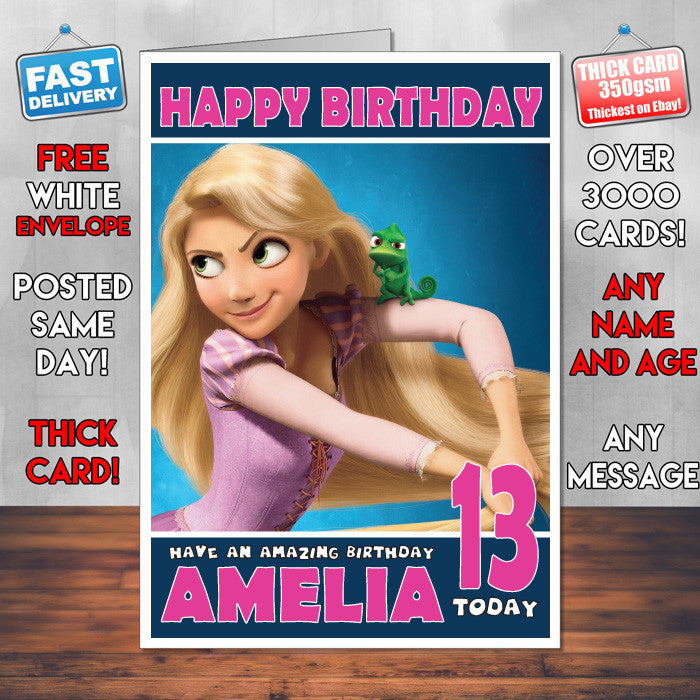 Personalised Rapunzel Tangled Style Inspired Cartoon Birthday Card (SA