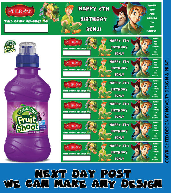Peter Pan Green Inspired Theme Personalised Party Fruit Shoot Label St