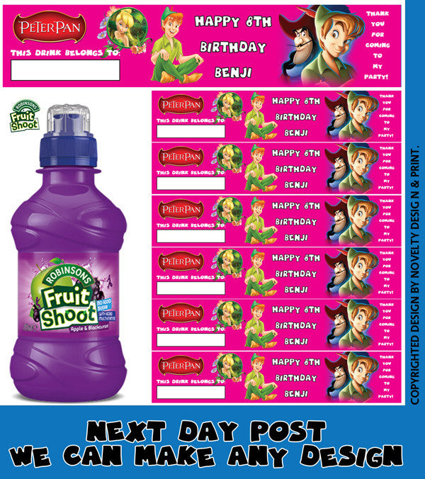 Peter Pan Pink Inspired Theme Personalised Party Fruit Shoot Label Sti
